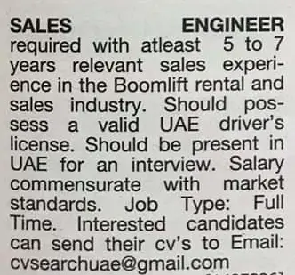 Hiring Sales Engineer Dubai UAE | Gulf Career Hunt