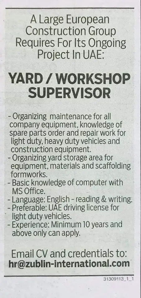 Yard workshop Supervisor Dubai UAE | Gulf Career Hunt