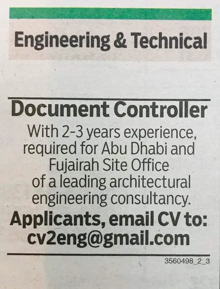 Hiring Document Controller Abu Dhabi UAE | Gulf Career Hunt