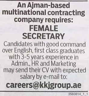 Female Secretary Ajman UAE | Gulf Career Hunt