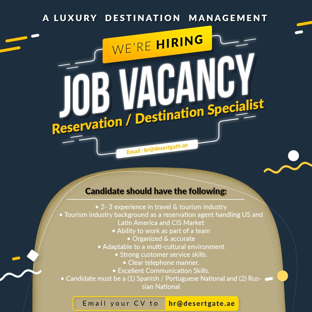 Reservation Destination Specialist Dubai UAE | Gulf Career Hunt