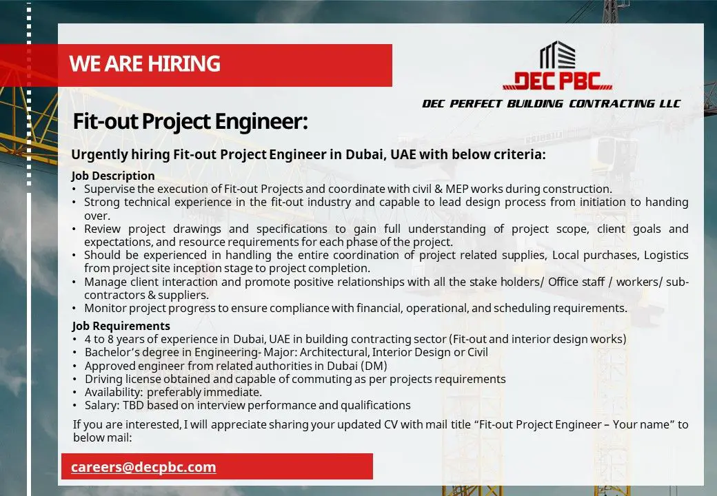 Fit-out Project Engineer Dubai UAE | Gulf Career Hunt