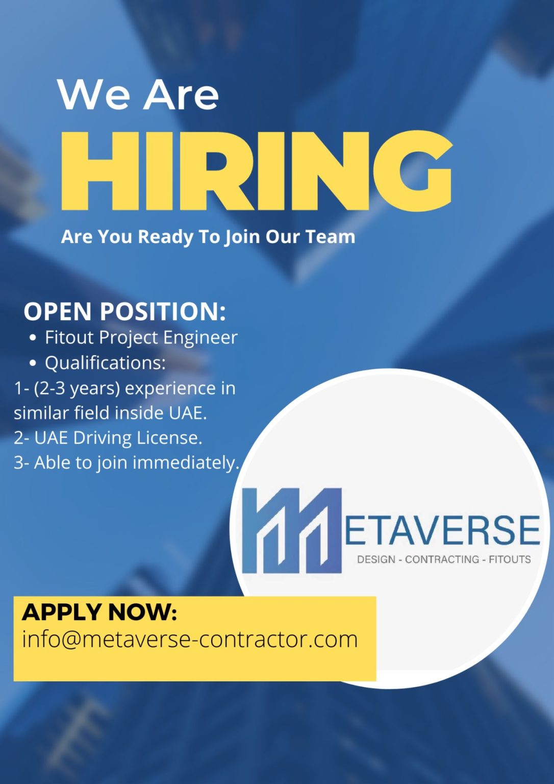 Fitout Project Engineer Dubai UAE | Gulf Career Hunt